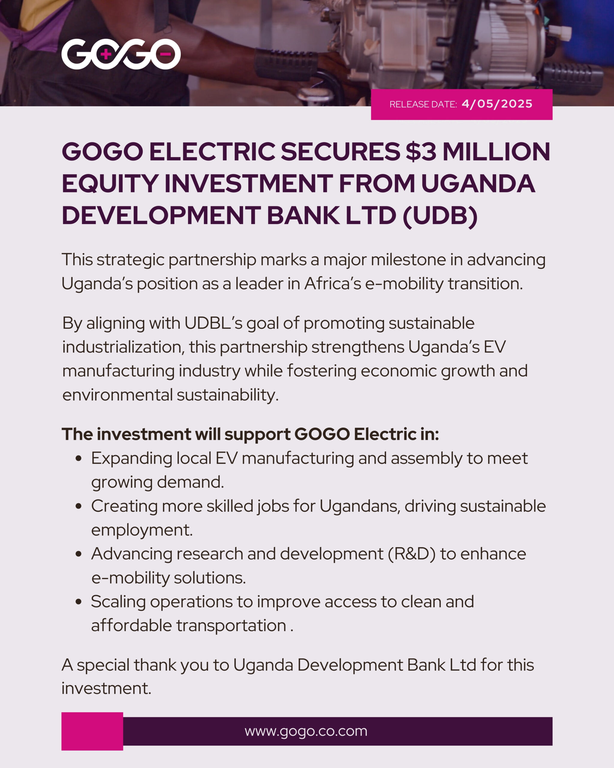 GOGO Electric Receives $3M from Uganda Development Bank to Strengthen Local EV Manufacturing ...